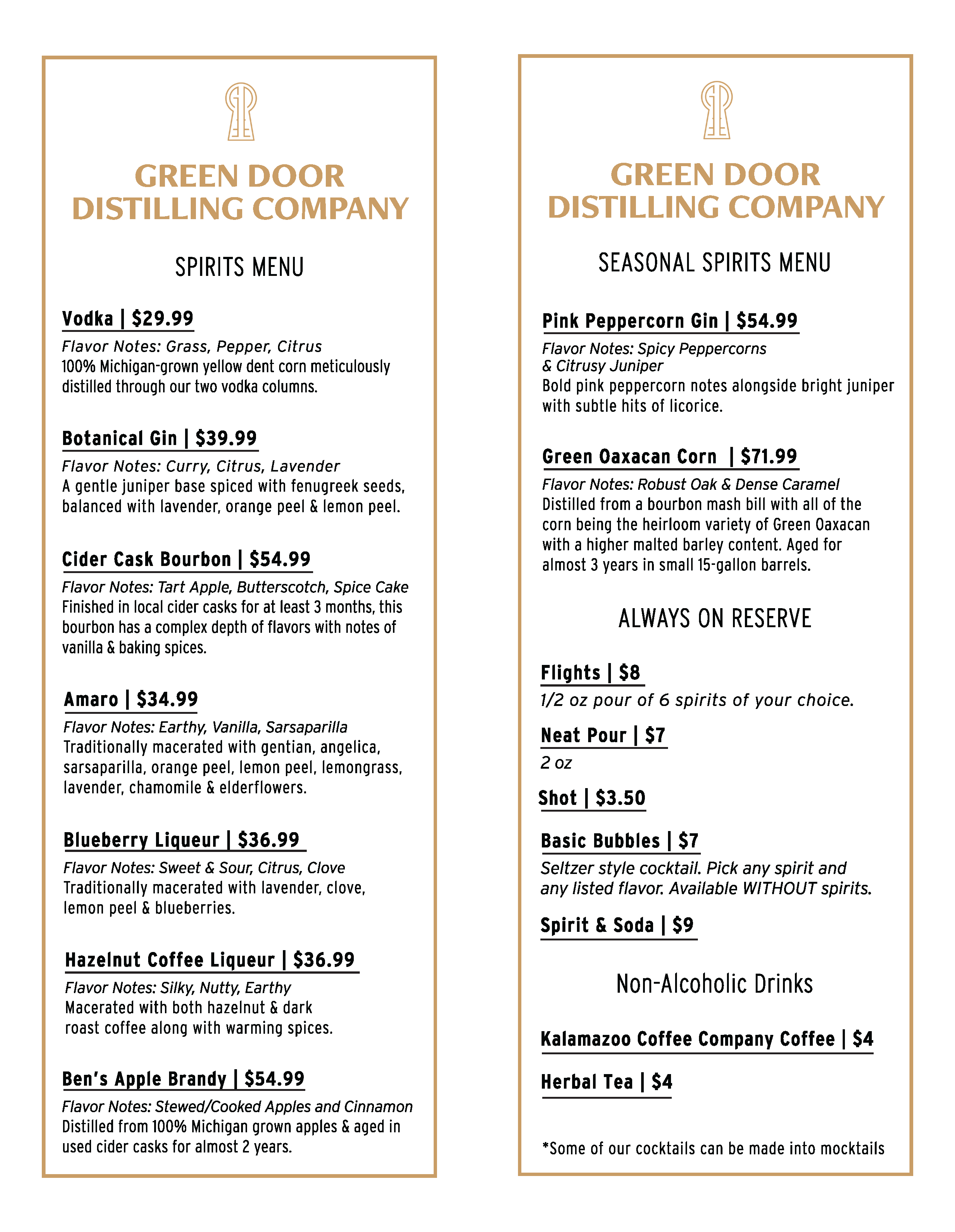Green Door's Tasting Menu – Green Door Distilling