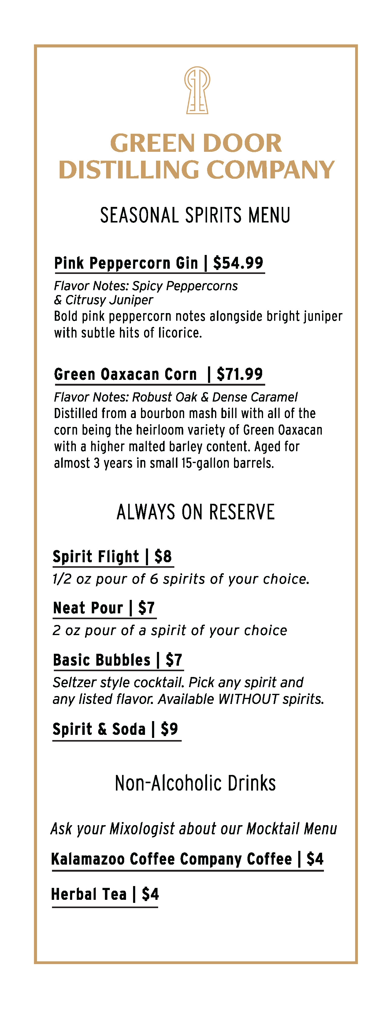 Green Door's Tasting Menu – Green Door Distilling